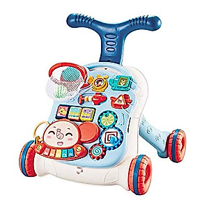 Baby Learning Walker Sit-to-Stand Baby Walker with Wheels Entertainment Table Kids Early Educational Activity Center, Baby Push Walkers for Boys and Girls (Blue White)