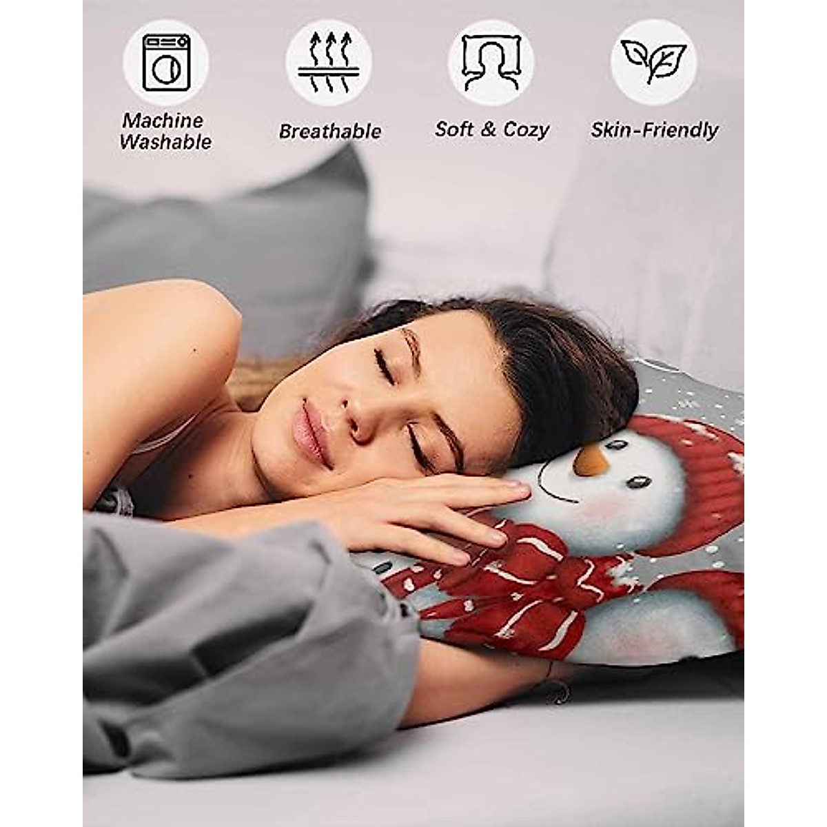 Edwiinsa Christmas Snowman Pillow Covers Standard Size Set of 2 Bed Pillow, Winter Red Snowflake Grey Plush Soft Comfort for Hair/Skin Cooling Pillowcases with Envelop Closure 20x26 Inches