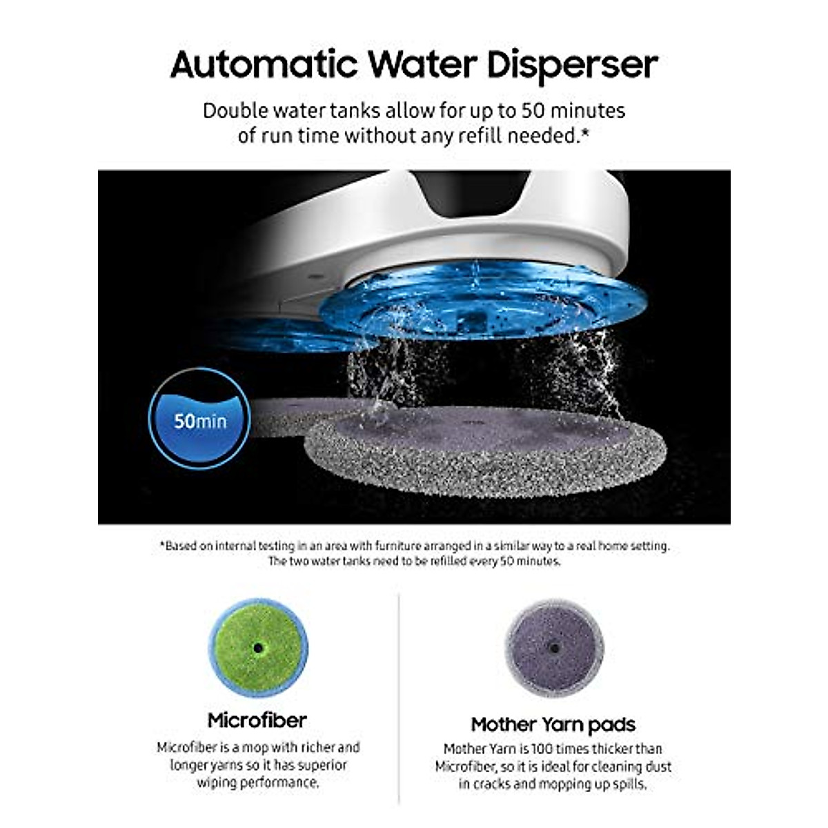 SAMSUNG Jetbot Mop, Cordless Robot Floor Cleaner, Wet Cleaning w/ Dual Spinning Pads, Smart Sensor to Clean Tile, Vinyl, Laminate, Hardwood Floors, Long Battery Life, VR20T6001MW, White