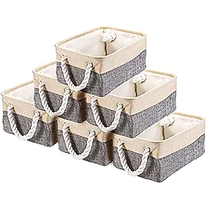 TOPZEA 6 Pack Fabric Storage Baskets, Foldable Storage Bin with Rope Handles Linen Storage Basket for Shelves, Closet Organizing, Cloth Storage Baskets, 12" x 8" x 5", Grey