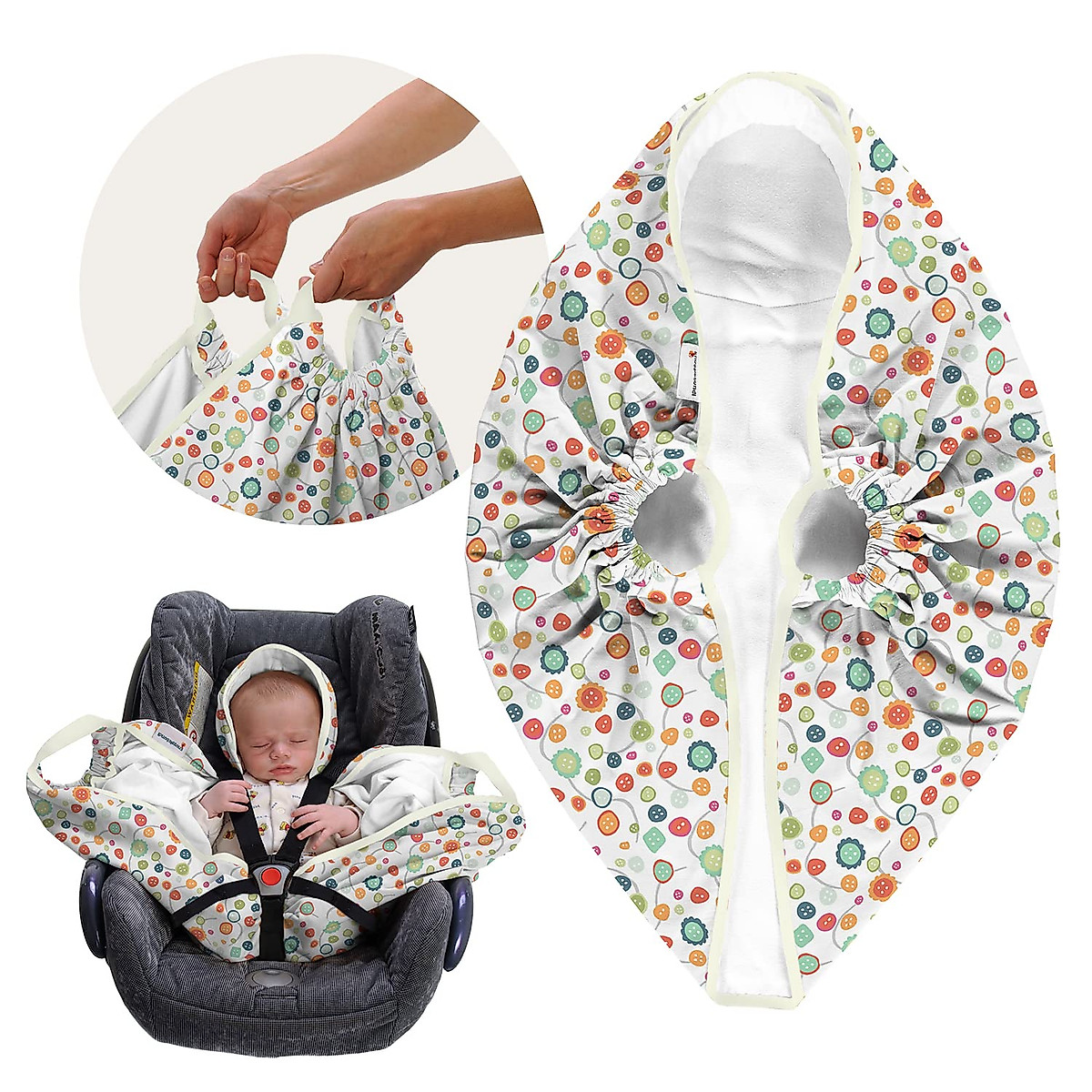 ​​Snugglebundl Baby Lift Carseat Blanket Insert (Baby Button Bunting w/ Handles) Organic Cotton Car Seat Swaddle for Baby Boys & Girls 0-18 Months