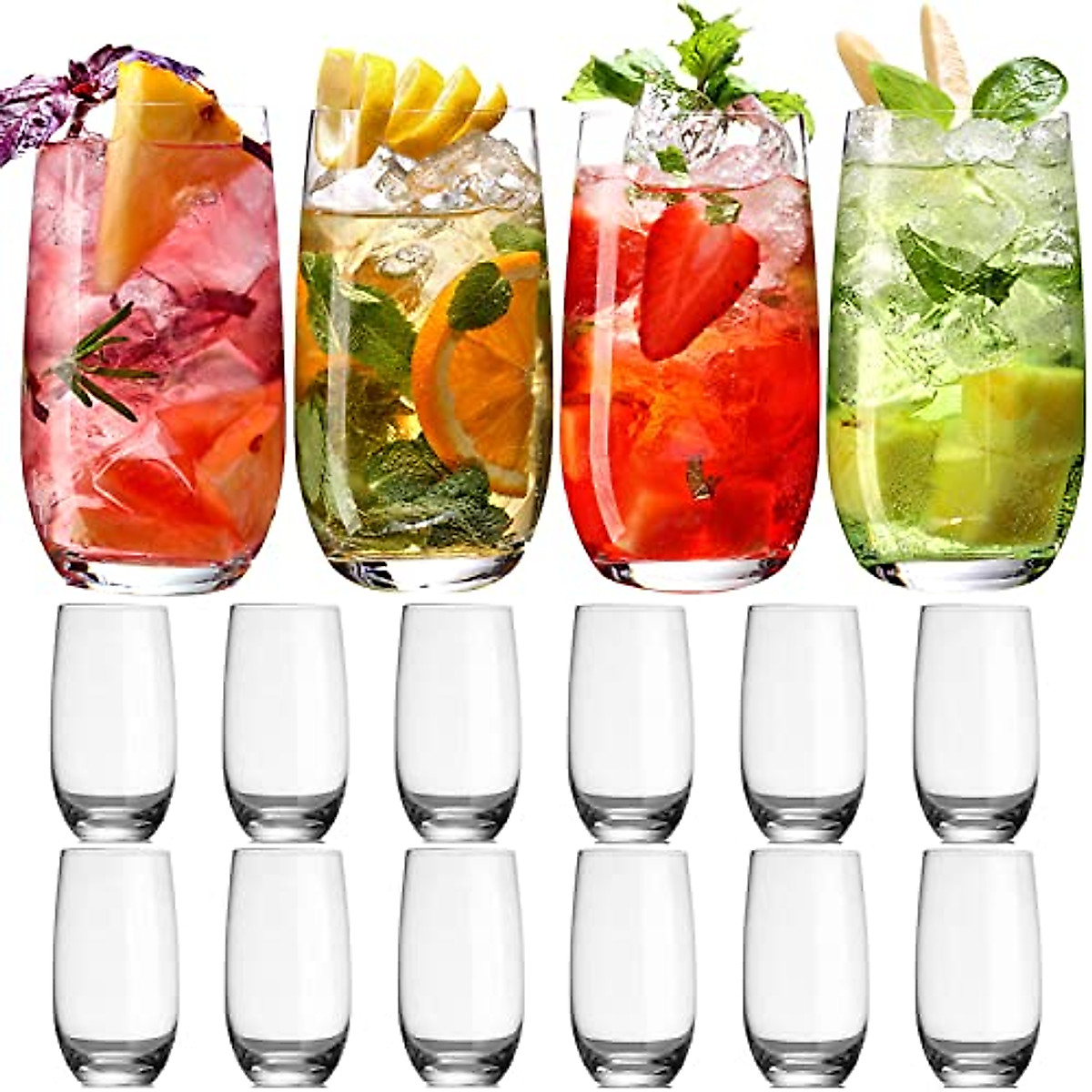 Claplante 12 Pcs Crystal Highball Glasses, 15 oz Drinking Glasses, Tall Glass Sets, Water Glasses, Mojito Glass Cups, Bar Glassware, and Mixed Drink Cocktail Glass Set, Collins Glass Tumblers