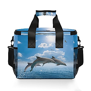Cooler Bag Large Camping Cooler Tote Animal Dolphin Sea Ocean Lunch Cooler Bag Insulated Waterproof Lunch Box for Picnic Beach Travel, Reusable Leakproof