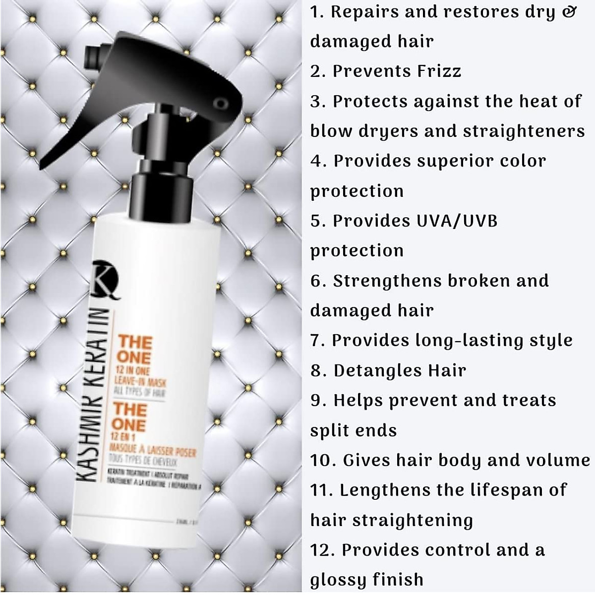 Kashmir Keratin The best leave in Conditioner THE ONE Leave In Conditioner 12 in 1 Hair Treatment, for Damaged Hair Repair | Sulfate-Free Spray Conditioner | For all types of Hair 16 Fl.Oz.
