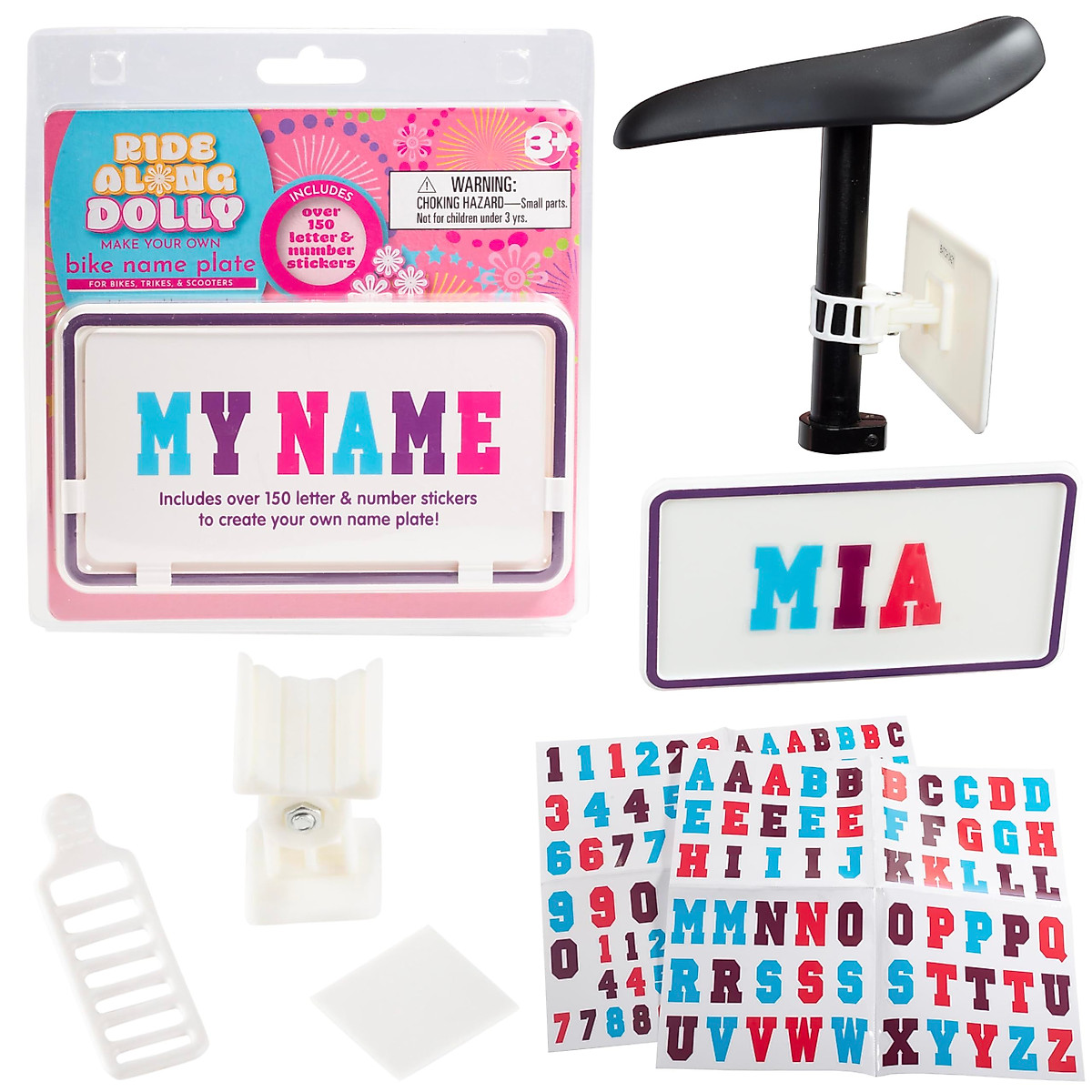 Ride Along Dolly Kid's Bicycle Customizable License Plate -Make Your Own Bike Name Plate -includes Over 150 Letter and Cute Number Stickers Decals, Fits Most Bikes -Holiday for Girls