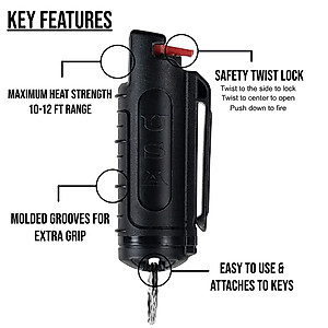 Police Magnum Keychain Pepper Spray Self Defense Belt Clip Combo- Tactical Safety Key Chains for Women & Men- Made in The USA- 1 Pack Black INJ Pocket Knife