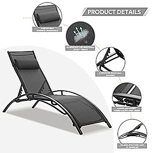Ainfox Outdoor Chaise Lounge Chairs, Patio Adjustable Lounge Chairs Set of 2, Beach Pool Sunbathing Lawn Lounger Recliner Chair with Armrest and Removable Cushions(Black)