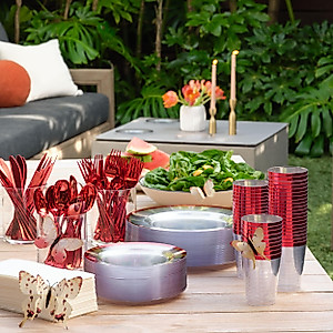 By Madee HEAVYWEIGHT 100 Pc Clear and Red Party Plates | Includes 50 Dinner & 50 Dessert Plates (50 Guests)