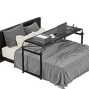 Elevon Overbed Table Desk Over Bed King Queen Laptop Wheels, Adjustable, Black
