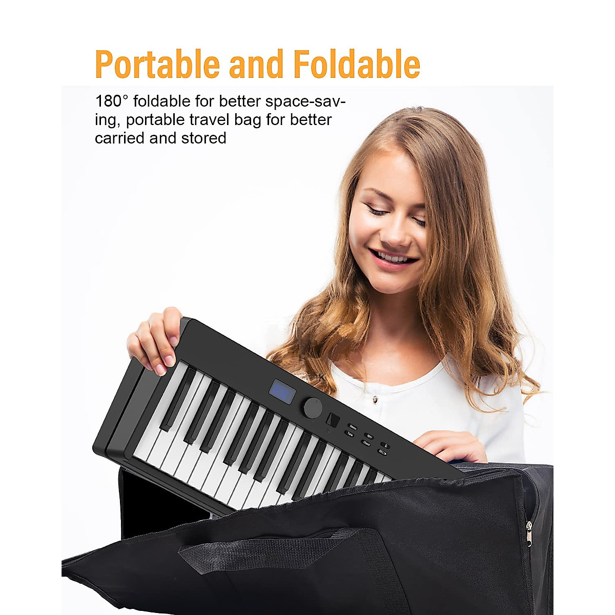 KONIX Folding Piano Keyboard, 88 Keys Full Size Semi-Weighted Foldable Piano, Portable Electric Keyboard Piano with Light Up Key, Sustain Pedal, Piano Stickers, Sheet Music Stand and Piano Bag, Black