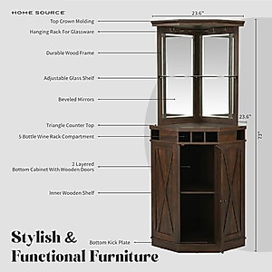 Home Source 73" Tall Corner Storage Cabinet with Wood Doors, Wine Rack, Liquor Glass Holder, Glass Design Large Rustic Bar Hutch for Living Room, Home Office, Kitchen, Small Space, Stone Grey