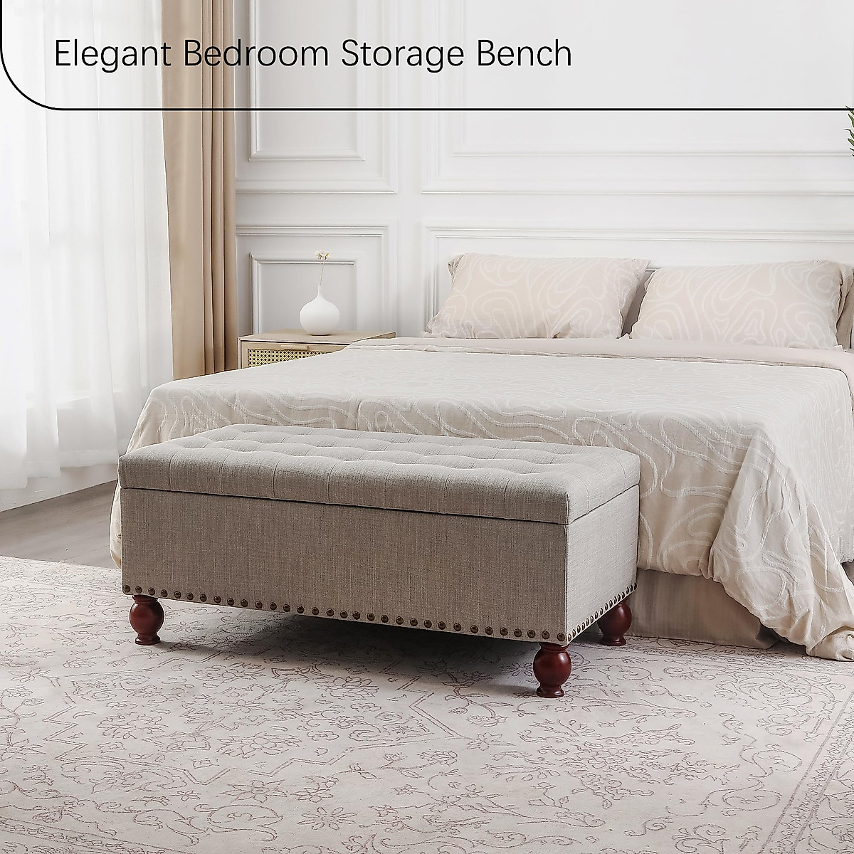 Asense Storage Ottoman Bench, 40'' Linen Fabric Rectangle Upholstered Bench with Hinged Lid for End Foot of Bed, Living Room, Bedroom, Noble Light Gray