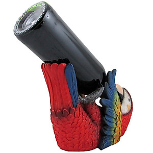 Tropical Parrot Wine Bottle Holder As a Display Stand Statue for Whimsical Beach Bar or Nautical Dining Room Tabletop Wine Rack Decor or Decorative Macaw and Bird Sculptures