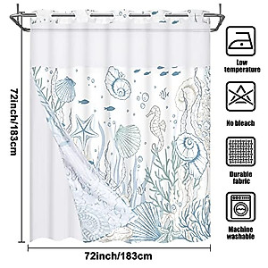 Ikfashoni Nautical Coastal No Hook Shower Curtain with Snap in Liner, Seashell Beach Shower Curtain with Liner, Hotel Shower Curtain, Ocean Themed Shower Curtains for Bathroom Decor, 72" x 72"