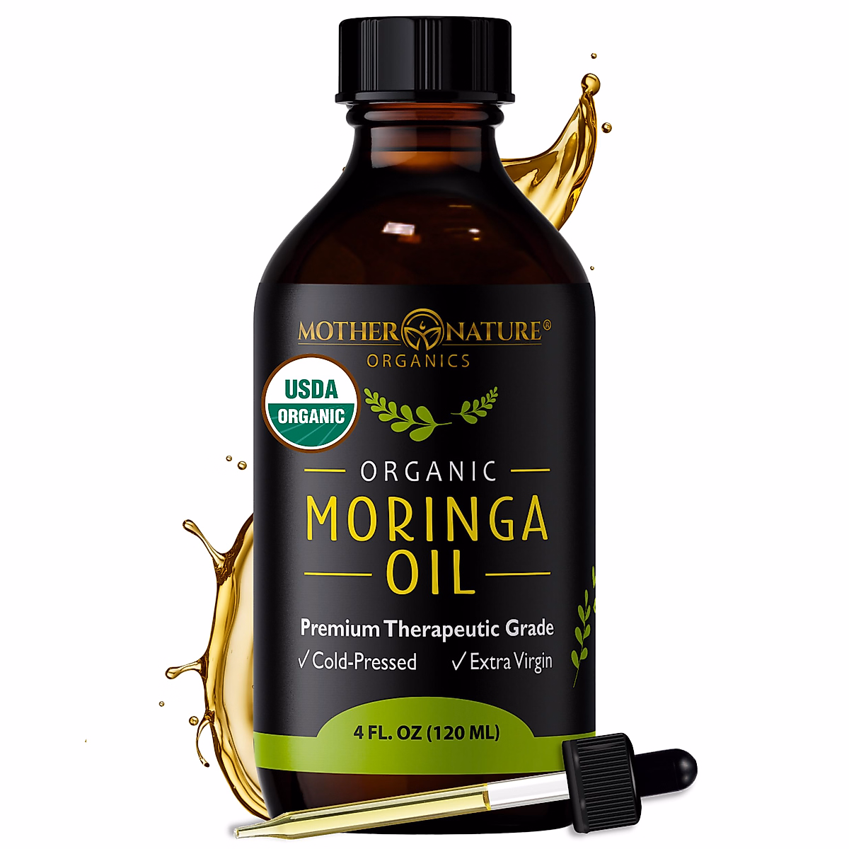 Mother Nature USDA Organic Moringa Seed Oil, 100% Pure, Cold-Pressed, Unrefined Moringa Oil for Face, Skin Care & Hair Growth, Aceite de Moringa para la Cara, Anti-Aging. Non-GMO & Gluten Free (4 Oz)