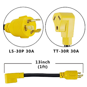 3 Prong RV Generator Adapter Cord,NEMA L5-30P to TT-30R,30 Amp 125V Generator to RV Adapter with 1FT,Heavy Duty SJTW 10/3 Cord, Yellow