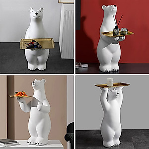 Pearlead Resin Polar Bear Sculpture with Metal Tray Animal Figurine Ornament Standing Statue Candy Dish Decorative Tray for Keys Home Office Hotel Decoration Holding