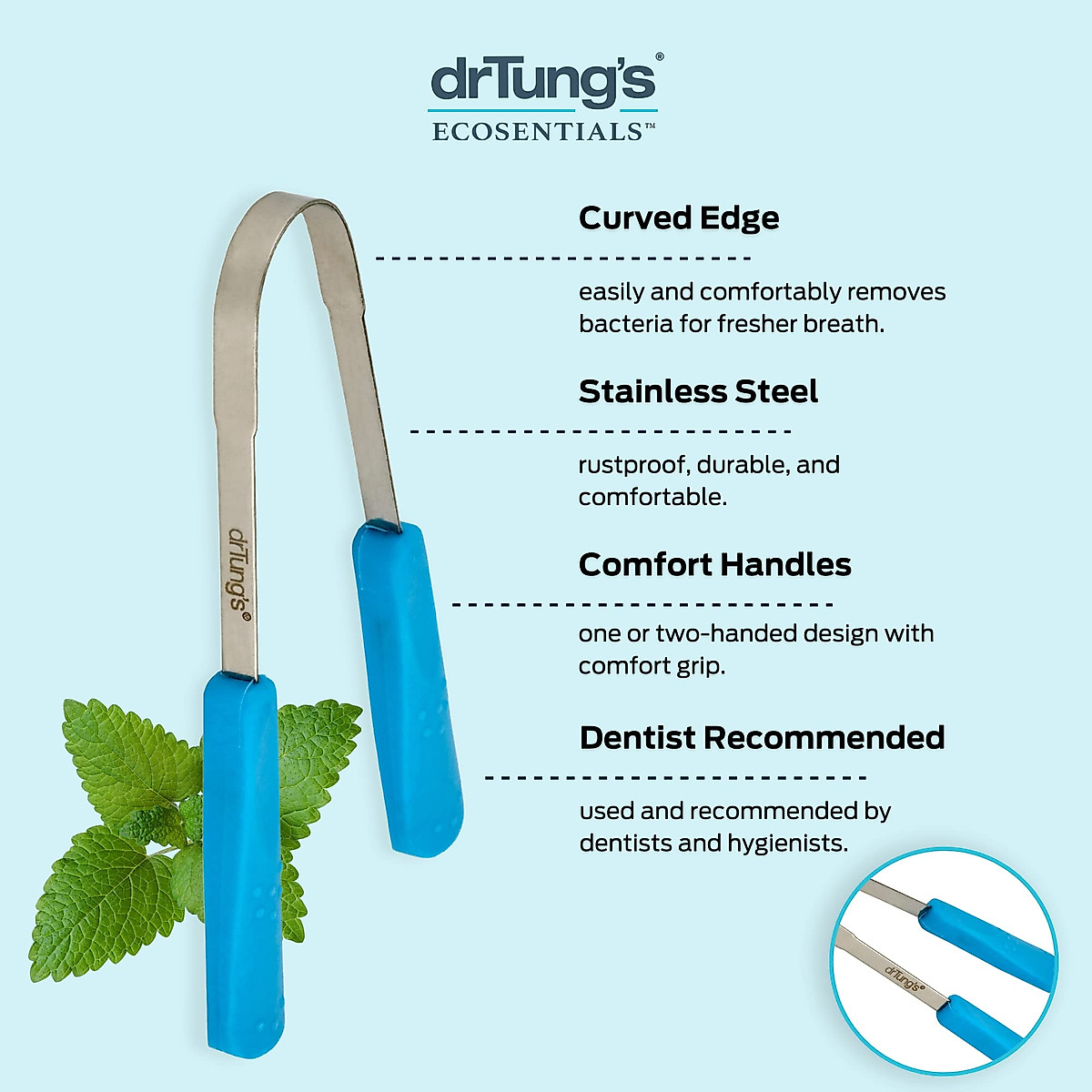 DrTung’s Stainless Steel Metal Tongue Scraper - Tongue Cleaner for Adults, Kids, Helps Freshen Breath, Easy to Use Comfort Grip Handle, Comes with Fabric Travel Pouch - 1 Pack