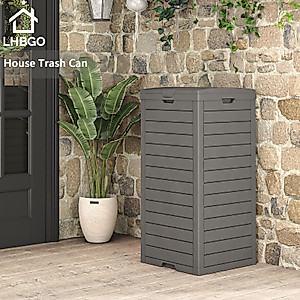 LHBGO 31 Gallon Kitchen Trash Can, Waterproof Garbage Can with Tiered Lid and Drip Tray, Resin Outside Trash Bin for Patio, Backyard, Deck, Gray
