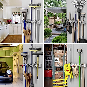 Stalwart Garden Tool Organizer Wall Mount Broom and Mop Holder, 5 Adjustable Slots and 6 Hooks Utility Rack for Garage or Home Organization