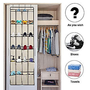 LAIGOO Over the Door Shoe Organizer, Hanging Shoe organizer with 24 Large Fabric Pockets, with 4 Hooks Shoe Storage Rack Organizer for Closet Bedroom Bathroom Pantry（60 x 20 inch, Beige