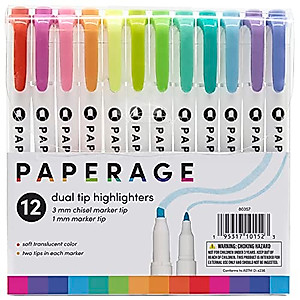 PAPERAGE Dual Tip Highlighters (3.0mm Chisel Tip + 1.0mm Round Tip), Pastel, 12 Pack Dual Tip Brush Pen Set for Highlighting Notes, Drawing, Hand-Lettering, Pens Highlight Markers Journaling and More