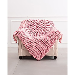 SPAOMY Chunky Knit Blanket Chenille Handmade Throw Blanket Cozy Warm Blanket for Bed Couch Home Decor(60x60 in,Pink)