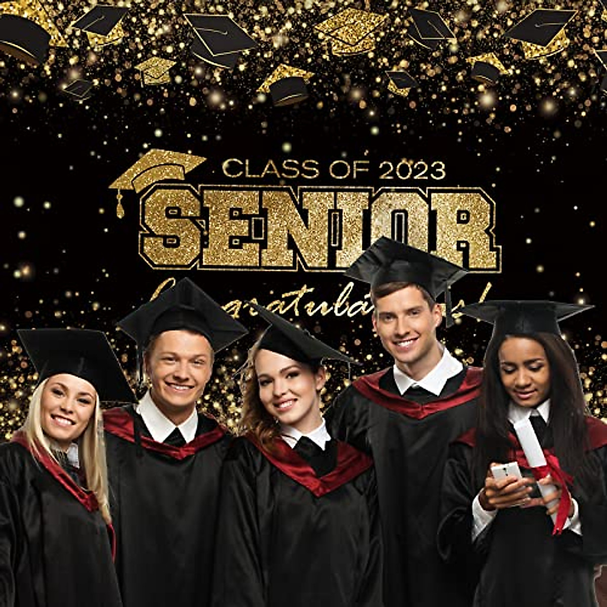 Rsuuinu Class of 2023 Backdrop Black Gold Glitter Bokeh Graduation Party Photography Background Congratulations Senior 2023 Congrats Grad Prom Party Decorations Banner Photo Booth Props 7x5ft
