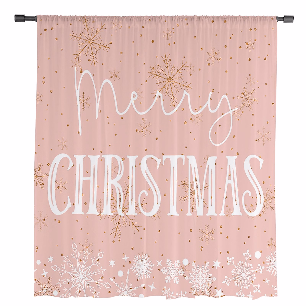 Merry Christmas Semi Sheer Curtains Drapes for Living Room, Bedroom, French Doors Window 96 Inches Long, Rod Pocket Chiffon Curtain Drapery Voile Draperies Panel Blush Pink Gold Winter Snowflake