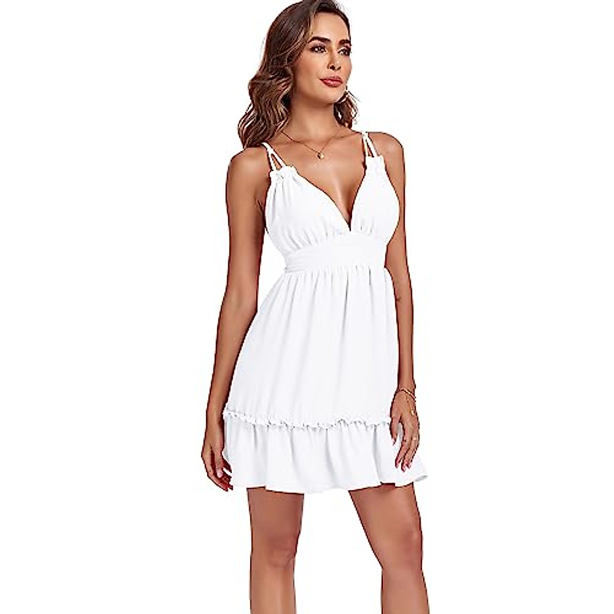 ZAFUL Womens V Neck Sexy Backless Dress Criss Cross Adjustable Spaghetti Strap Short Dress White M