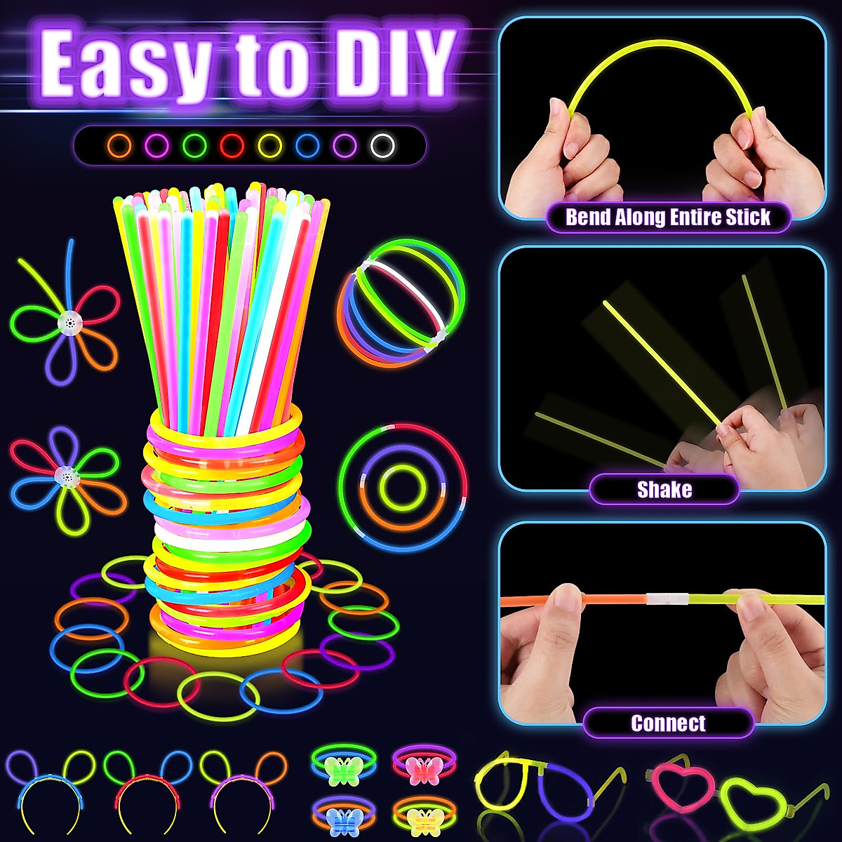 Glow in the Dark Party Supplies for Kids Adults, Light Up Party Favors with 57 LED Light Up Toys, 100 Glow Sticks Bulk DIY Glow Necklaces Glasses Bracelets Headband, Neon Party Supplies & Decorations