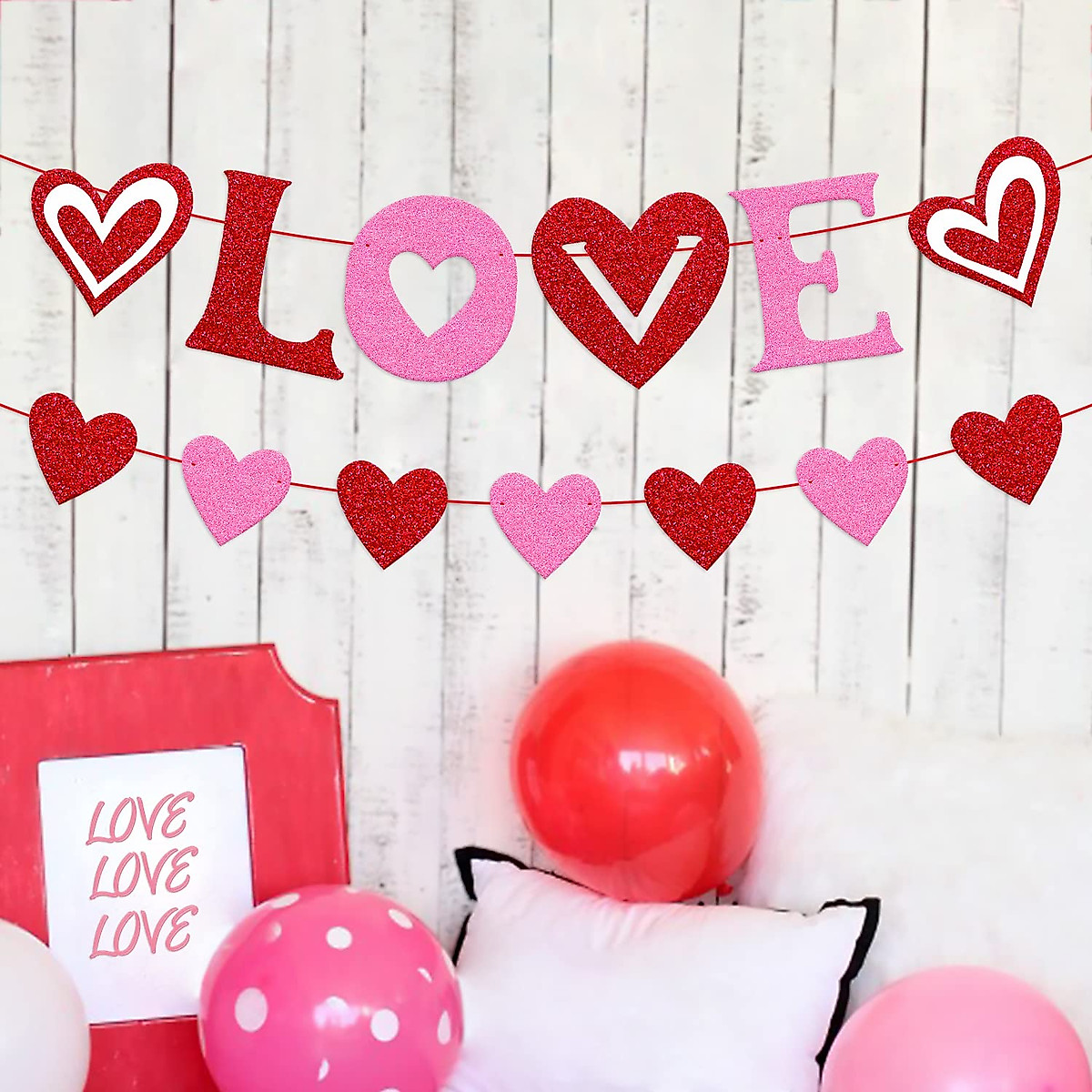 Love Banner for Happy Valentine's Day I Love You Engagement Wedding Anniversary Proposal Courtship Romantic Special Night Heart Party Supplies Pink and Red Glitter Decorations