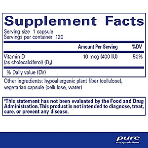 Pure Encapsulations Vitamin D3 10 mcg (400 IU) | Hypoallergenic Support for Bone, Breast, Cardiovascular, Colon and Immune Health | 120 Capsules