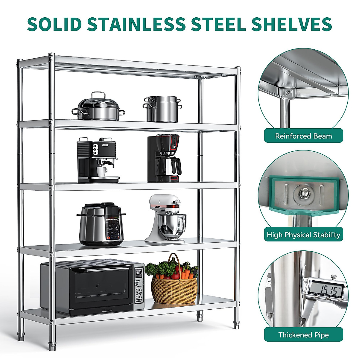 YITAHOME NSF Stainless Steel Shelves, 60"*18"*72" 5 Tier Storage Shelf, Heavy Duty Shelving for Kitchen Garage Office Restaurant Warehouse, 201 Bright Silver