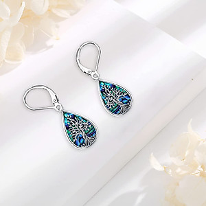 LOOVE Sterling Silver Tree of Life Earrings for Women Dangling Abalone Teardrop Leverback Earrings Tree of Life Jewelry (B-Tree of Life)