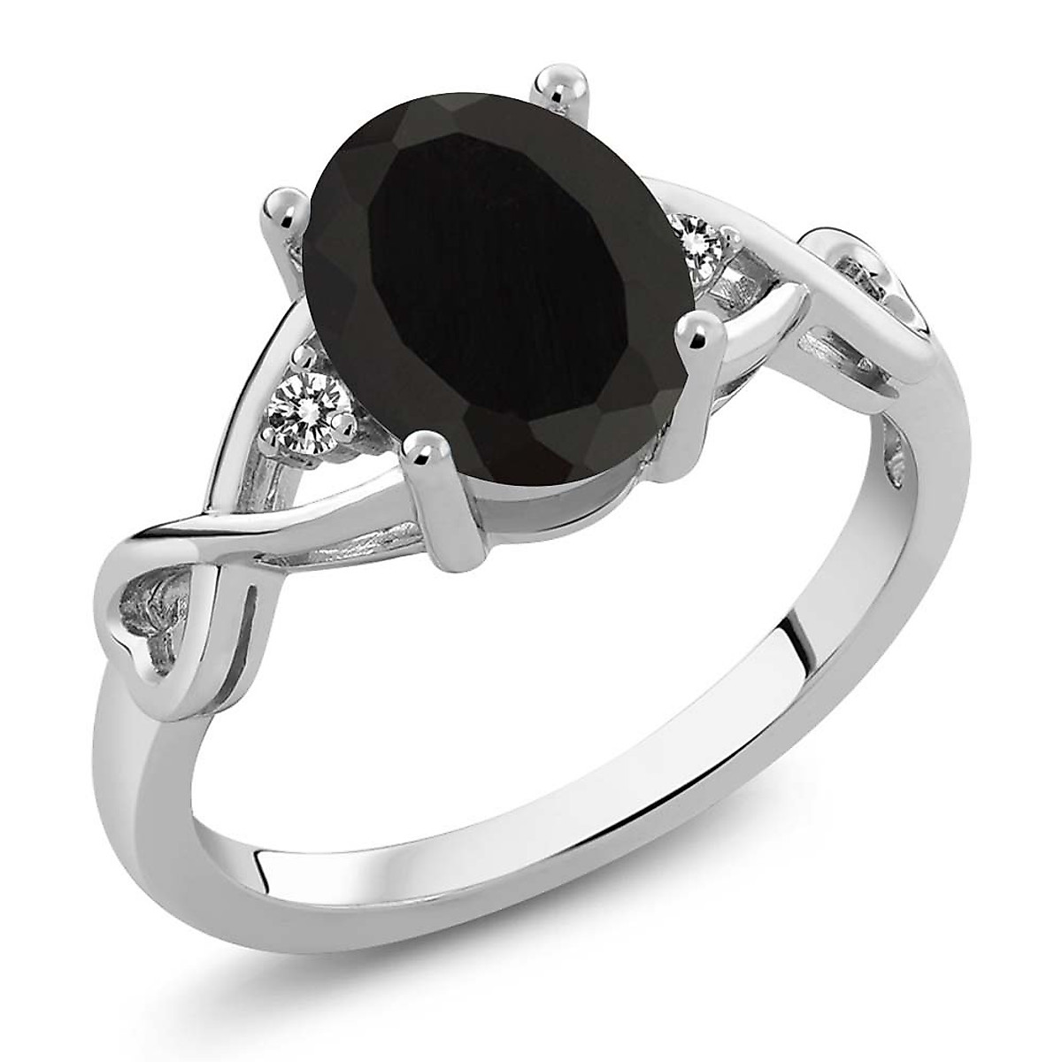Gem Stone King 925 Sterling Silver Black Onyx and White Diamond 3-Stone Ring For Women (2.06 Cttw, Center: 9X7MM Oval, Gemstone Birthstone, Available In Size 5, 6, 7, 8, 9)