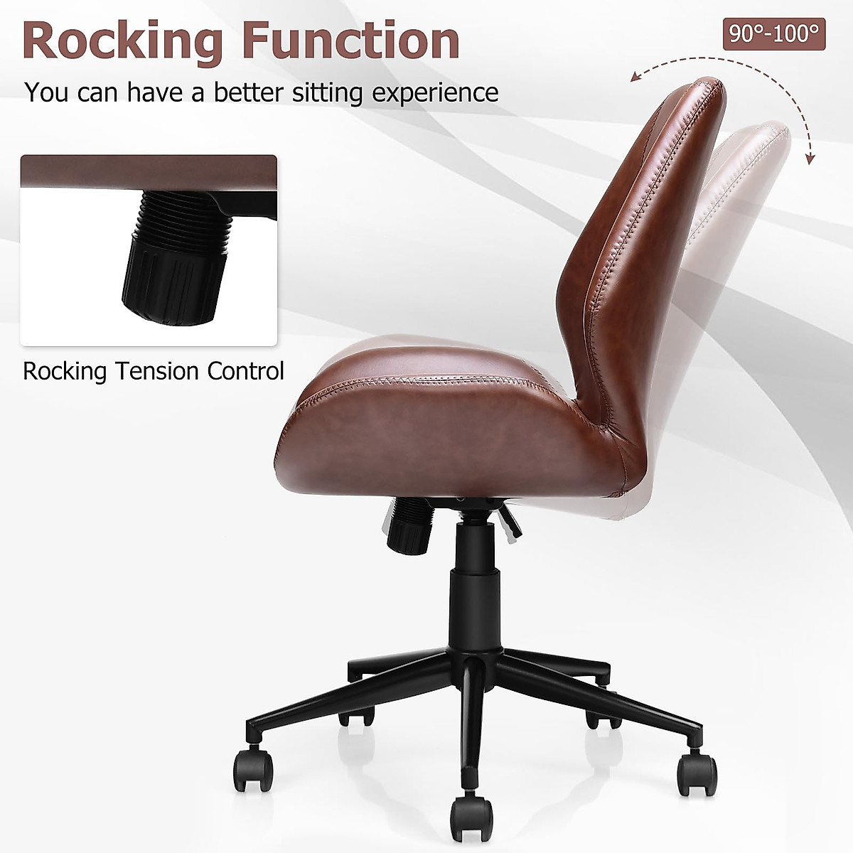 COSTWAY Armless Office Desk Chair, Mid-Back PU Leather Computer Task Chair with Rocking Back & Swivel Seat, Ergonomic Adjustable Leisure Chair with 5-Claw Metal Base for Home Office, Brown