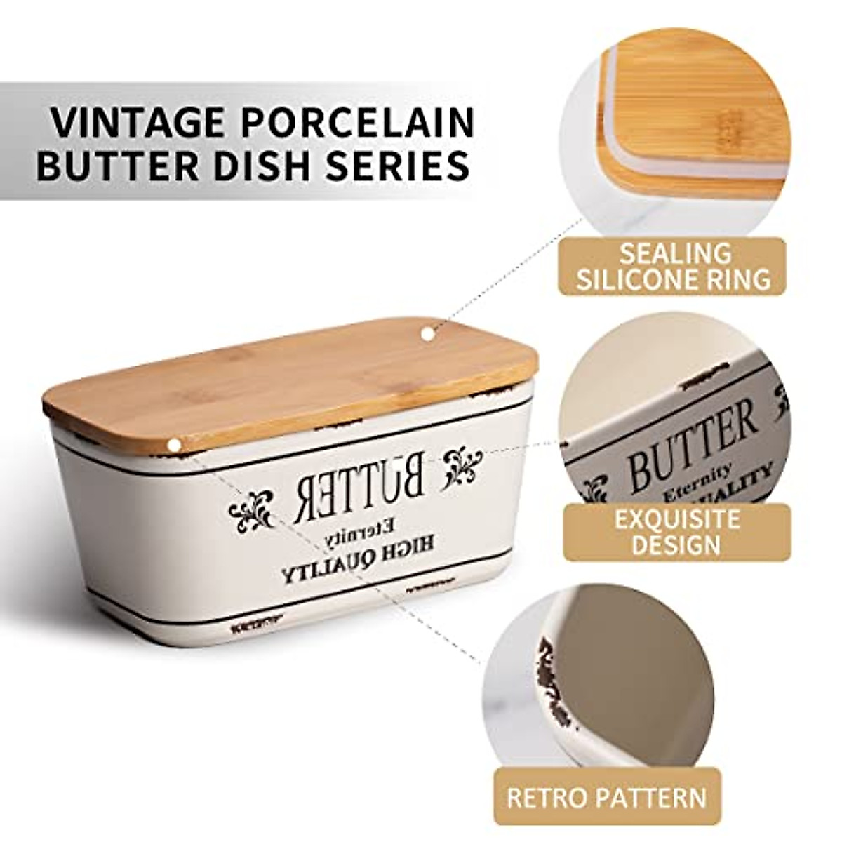 Hasense Farmhouse Butter Dish with Lid for Countertop, Butter Keeper & Holder, Large Butter Container for Fridge with Bamboo Freshness Seal, Enhance Kitchen Decor, Holds Two Sticks of Butter, White