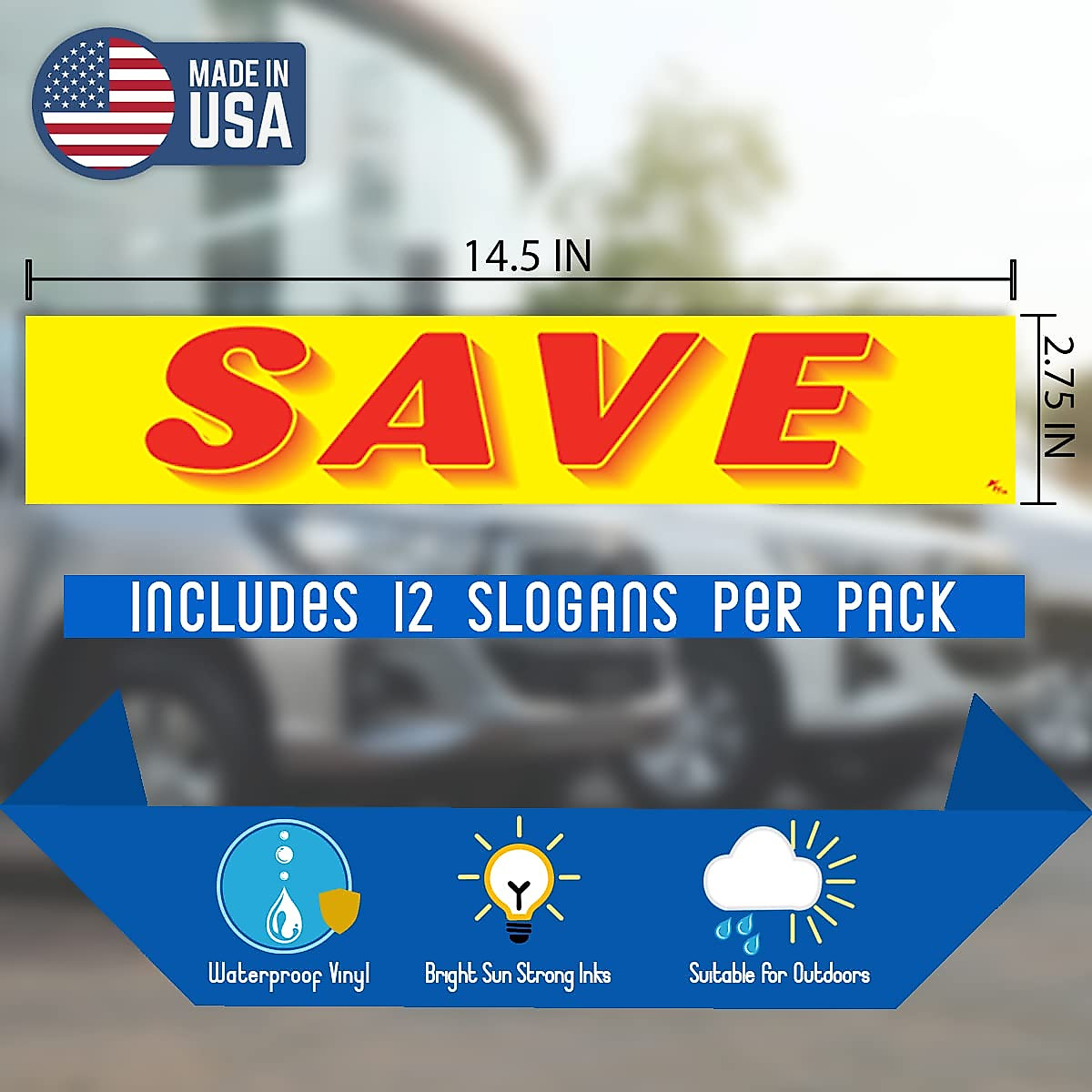 Versa Tags Windshield Slogan Stickers 12 Pack of Save Stickers 12 Pack of 3RD Row Seating Slogans 12 Pack of WE Finance Window Stickers (36) Dealership Stickers Red On Yellow