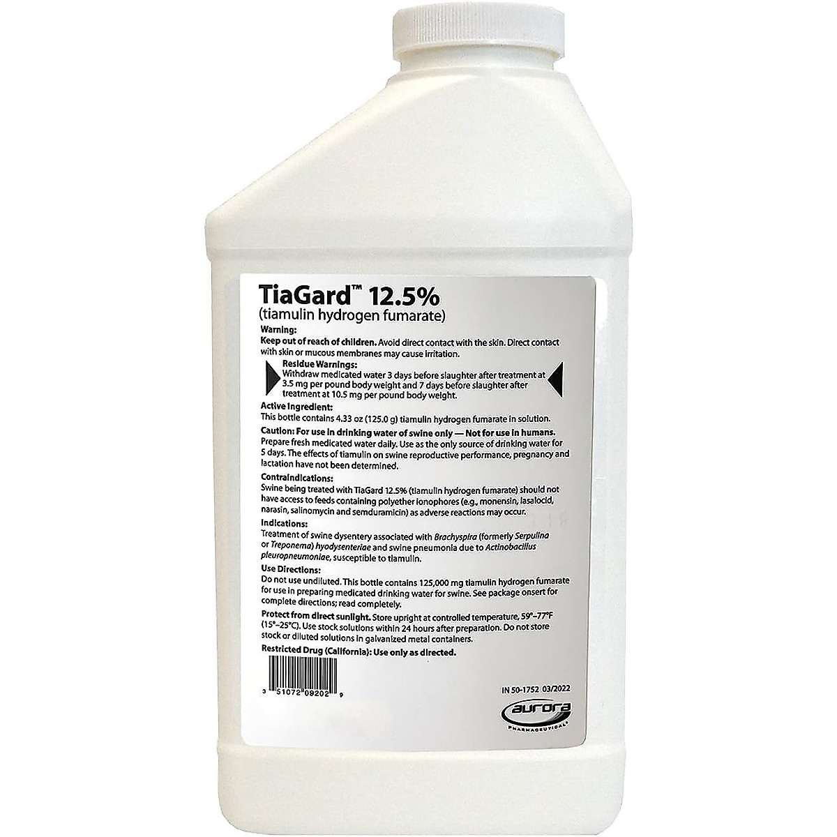 TiaGard Tiamulin 12.5% Liquid Concentrate (1,000 mL) w/ Veterinary Syringe Kit - Generic for Denagard - Antibiotic Drinking Water Solution in Groups, Pens & Herds - Antibiótico Tiamulina para Cerdos