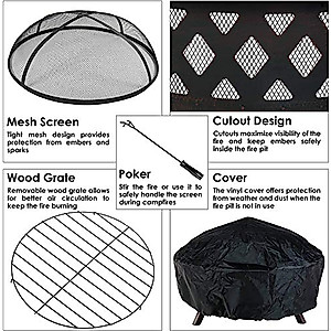 LEAYAN Garden Fire Pit Grill Bowl Grill Barbecue Rack Fire Pit,36" Large Bonfire Wood Burning Patio & Backyard Firepit for with Spark Screen Fireplace Poker and Round Cover,Outdoor Fire Pits
