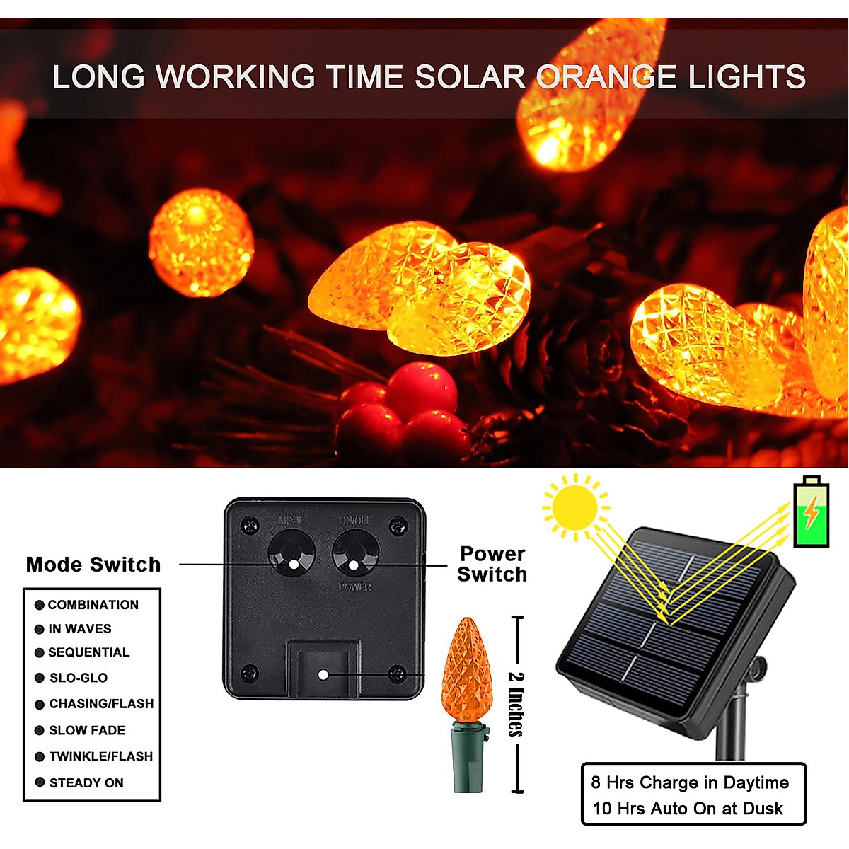 HUGSVIK 100 LED C6 Solar Orange Halloween Lights, 8 Modes Orange Christmas Lights for Outdoor, Waterproof Solar Orange Lights for Halloween, Christmas Tree Thanksgiving, Fall Garden Yard and Patio