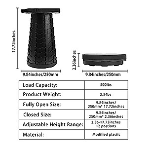 Hesanzol Square Telescopic Stool Portable Retractable Folding Stool Lightweight and More Sturdy Collapsible Stool for Adults Indoor Outdoor Load Capacity 500lbs (Square-Black)
