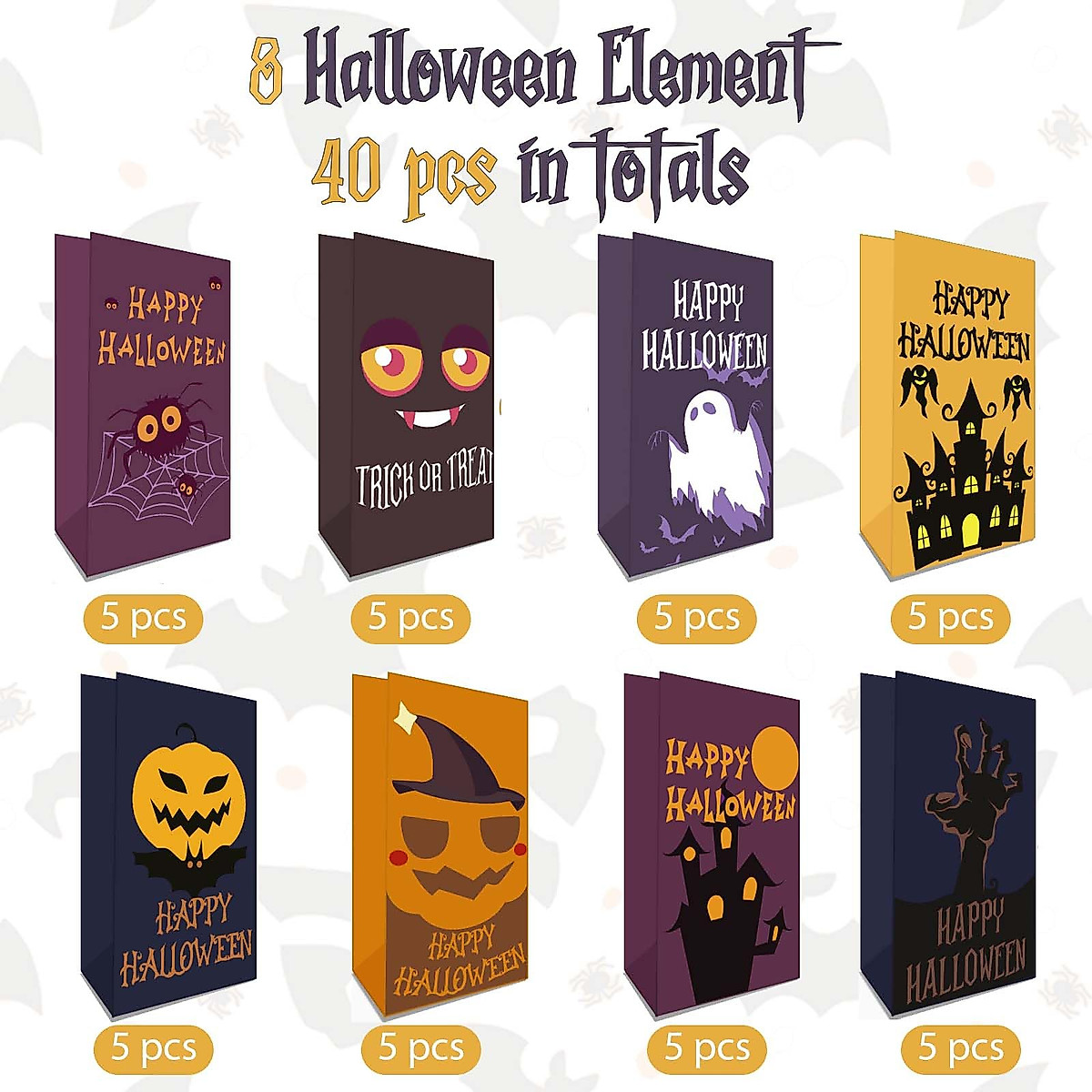 Hommay Halloween Treat Bags, 40 Pcs Paper Halloween Bags Trick or Treat Gift Bags Bulk, Small Halloween Treat Candy Goodies Bags for Kids
