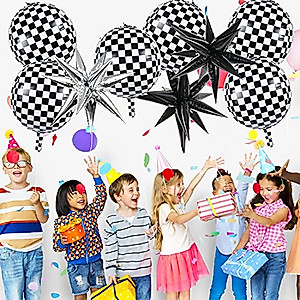 6 Pcs Race Car Checkered Balloons 3 Pcs Explosion Pointed Star Foil Balloons for Racing Party Decorations, 22'' Jumbo Sphere 4D Black and White Checkered Flag Mylar Balloons for Birthday Party