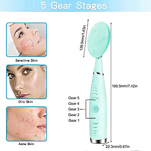 Sonic Facial Cleansing Brush, Lyrzzey Portable Handled Face Cleansing Brush with 5 Adjustable Speeds Vibrating Rechargeable Face Cleansing Brush for Deep Cleaning Gentle Exfoliating Massaging(Blue)