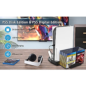 Cooling Fan Vertical Stand Compatible with Playstation 5 with DualSense Controller Charging Station and 14 Game Slots - 4 Thumbstick Caps Included