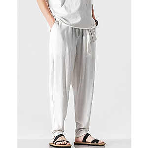 HangNiFang Mens Cotton Linen Elastic Waistband Tapered Cuffed Pocketed Pants (0141-White-XL)