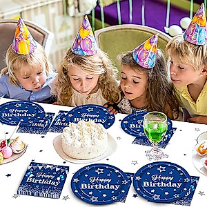 ZOIIWA Navy Blue and Silver Birthday Party Supplies Tableware Set Plates Napkins Tablecloth Serves 24 Guests Baby Shower Wedding Favors (JC0366com)