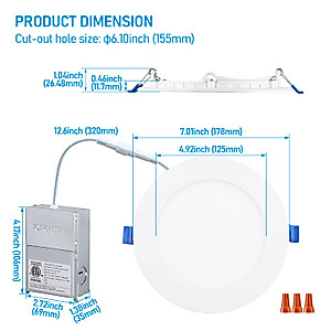 TORCHSTAR Basic Series 12-Pack 6 Inch Ultra-Thin LED Recessed Lighting with Junction Box, CRI90, Aluminum, 5000K Daylight, 5%-100% Dimmable Slim Recessed Downlight, 12W 1100LM, ETL and Energy Star